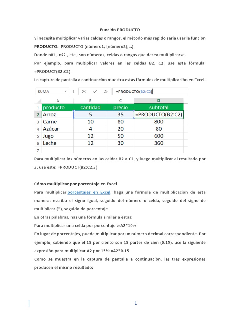 Función PRODUCTO | PDF | Microsoft Excel | Porcentaje