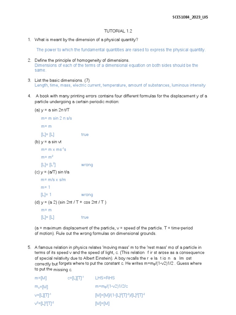 1.2 Tutorial 1. Dimension - Question | PDF | Theory Of Relativity | Physical Quantities