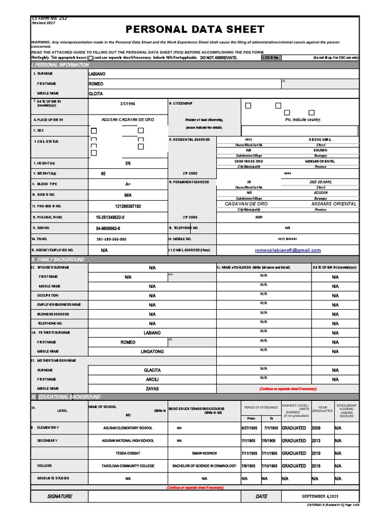 CS Form No. 212 Personal Data Sheet Revised | PDF | Justice | Crime ...