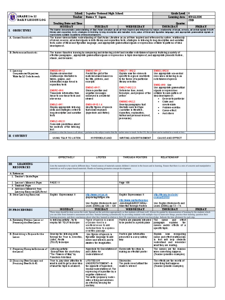 DLL-ENG8-2NDQ-6th-week Edited | PDF | Learning | Narrative