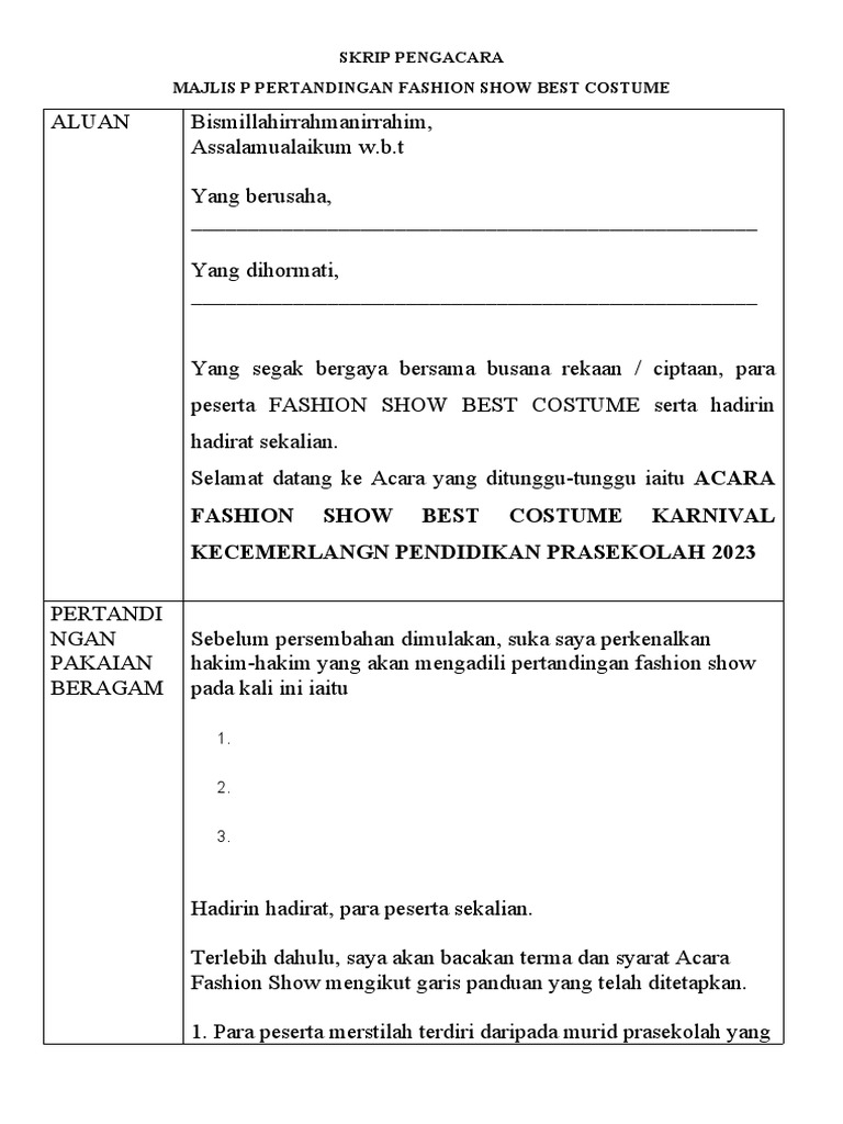 Teks Pengacara Majlis Fashion Show | PDF | Bisnis | Gaya Hidup