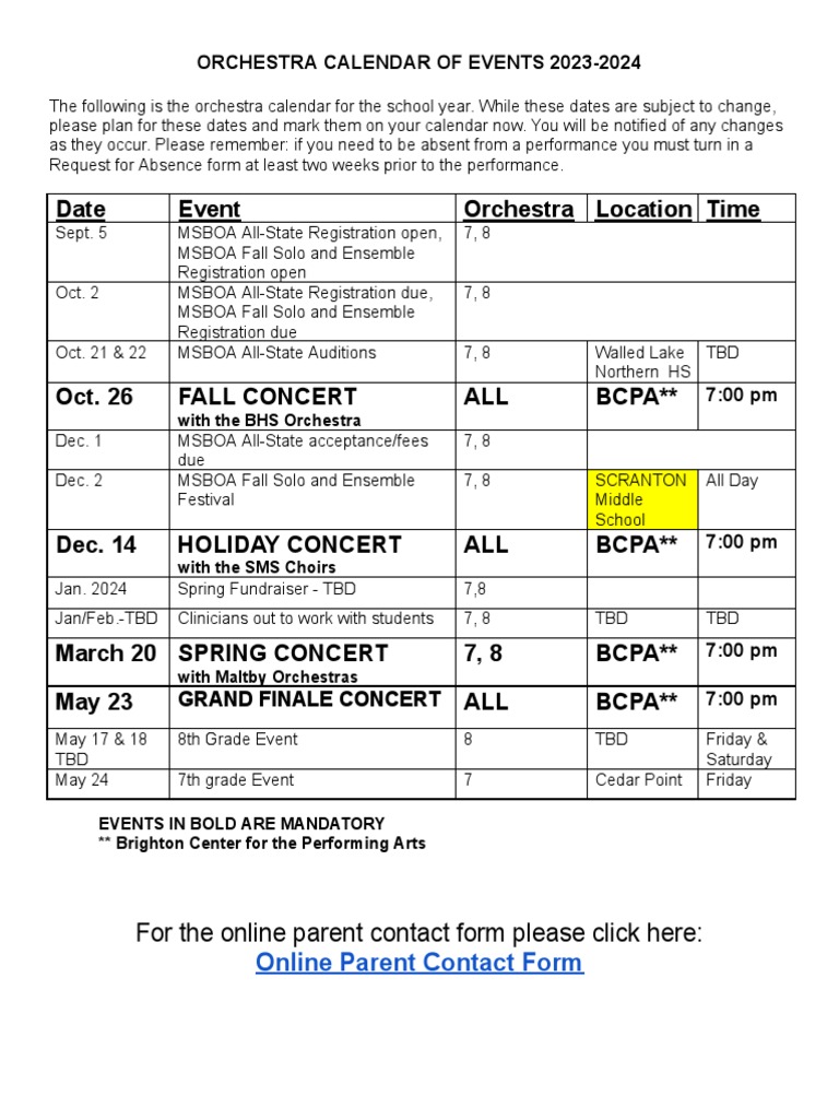 Orchestra Events Calendar 2023-2024 | PDF