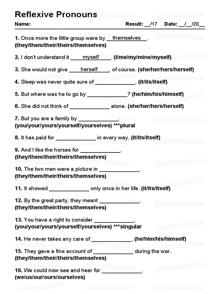 Grammarism Reflexive Pronouns Test 1 1261021 | PDF