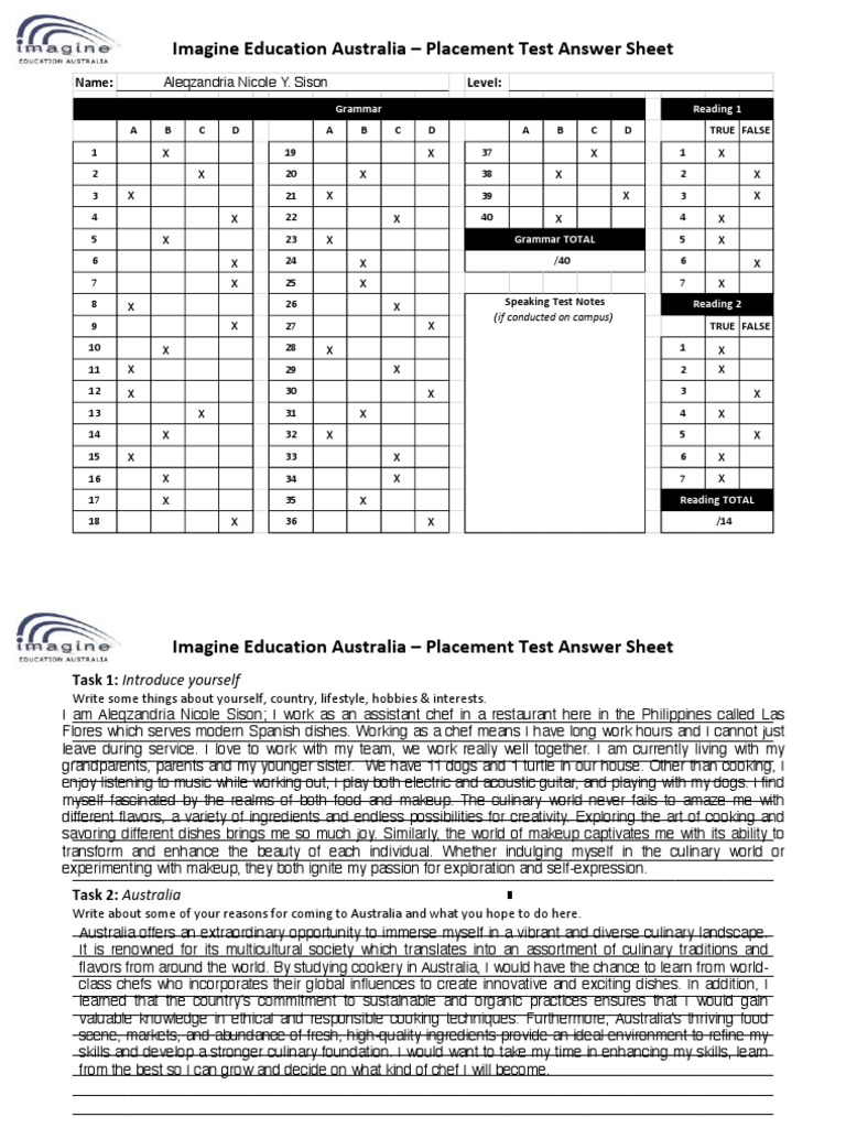 Placement Test Answer Sheet - Imagine Education | PDF