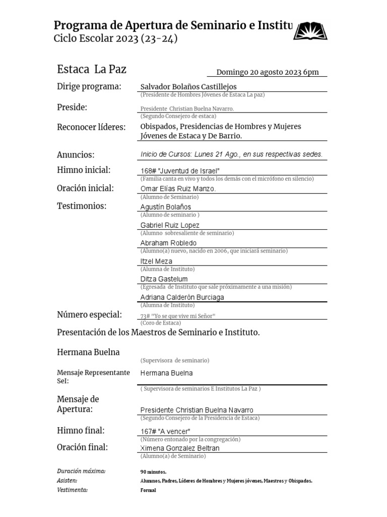 Programa de Apertura de Seminario e Instituto | PDF
