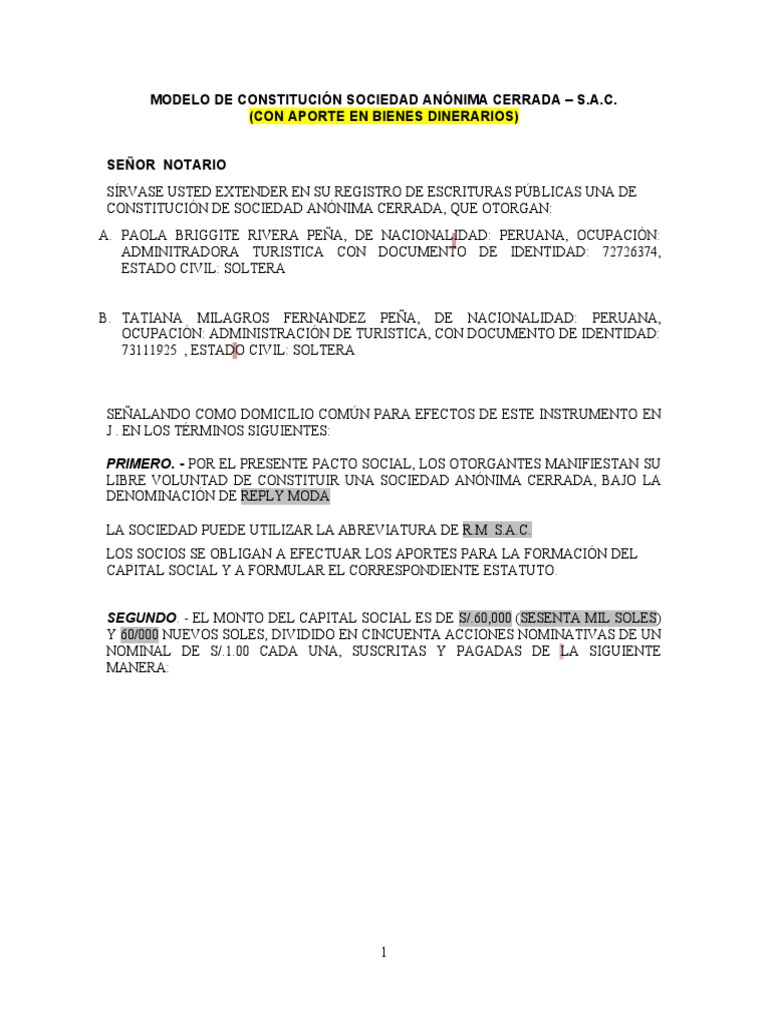 Formato De Minuta Sac Con Directorio Aporte Bienes 1 Administraci N ...