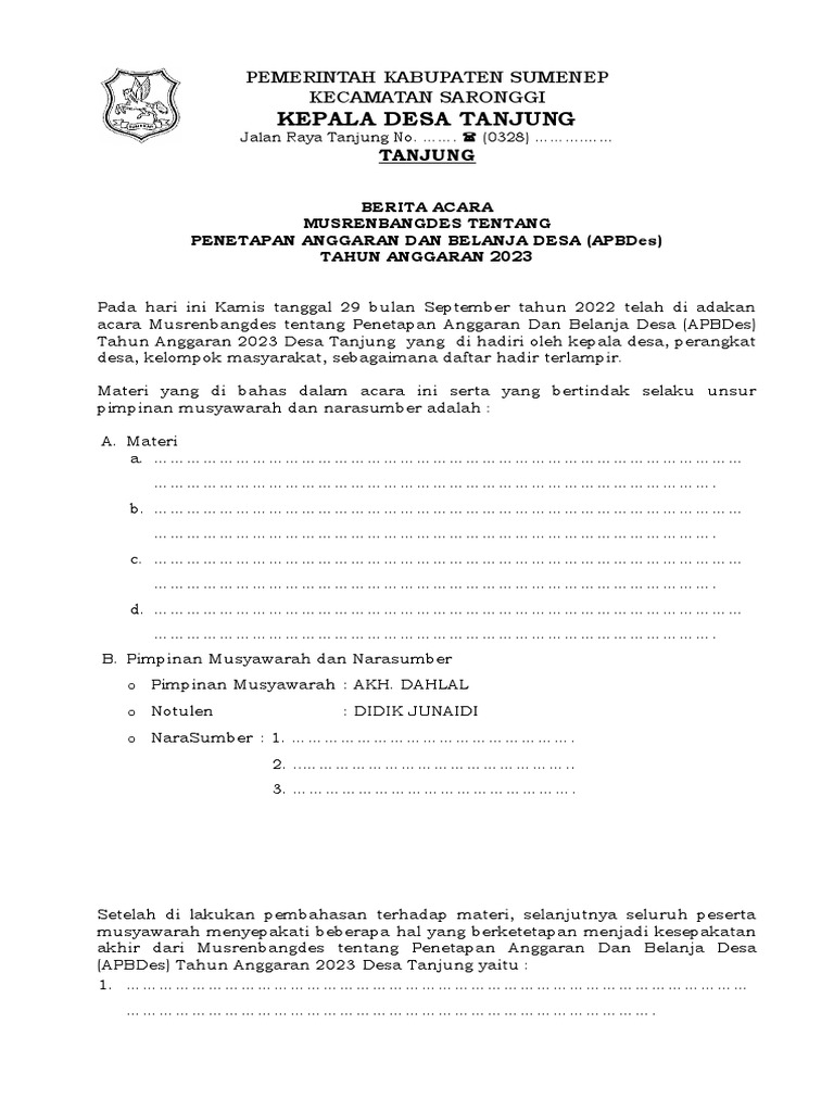 Berita Acara Rancangan RKP Tanjung | PDF