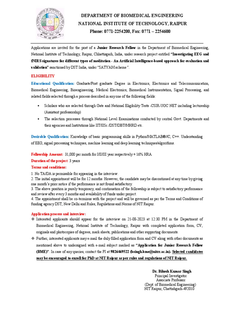 JRF Advertisement and Application Format | PDF | Biomedical Engineering