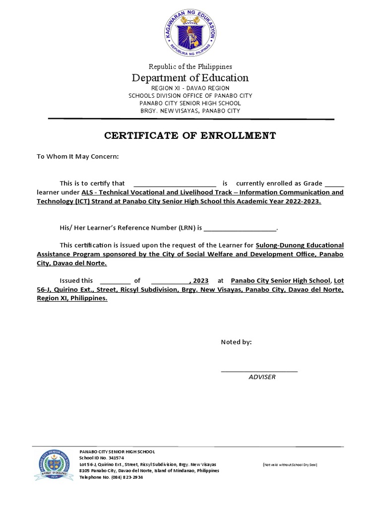 Sulong Dunong Enrolment Cert. | PDF
