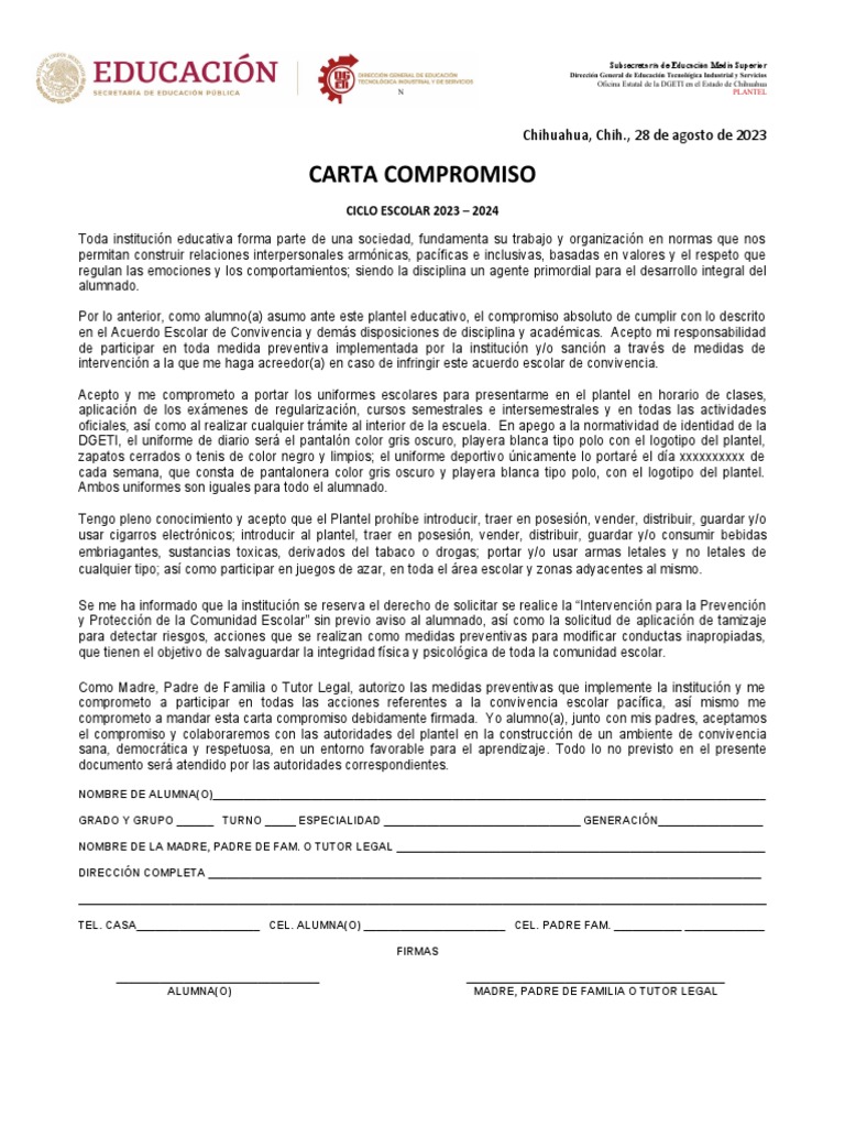 Carta Compromiso Ciclo Escolar 2023 2024 | PDF