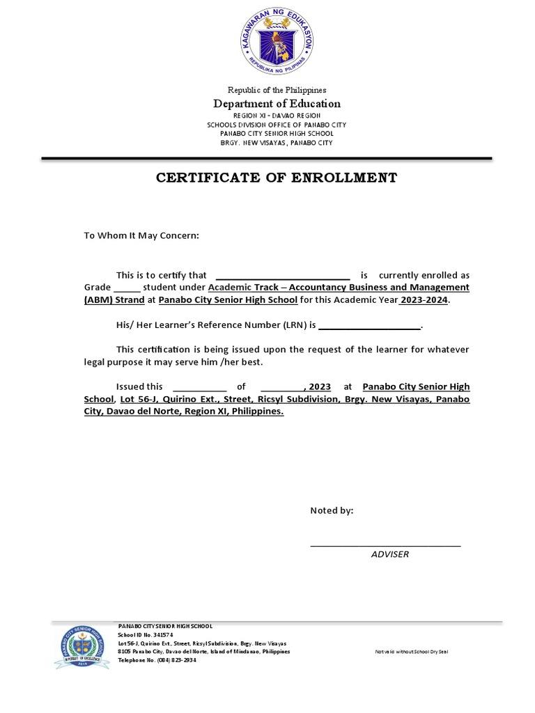 Certificate of Enrollment S.Y 2023 2024 | PDF