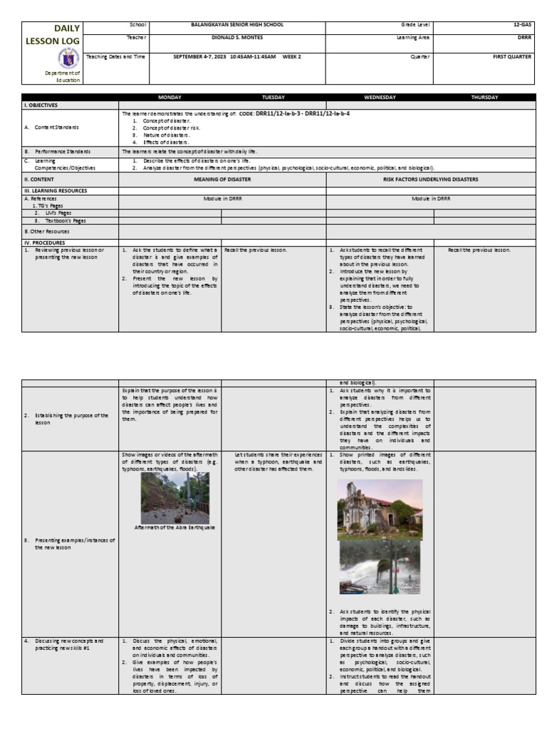 DRRR Lesson Plan: Week 2 Overview | PDF | Learning | Psychology
