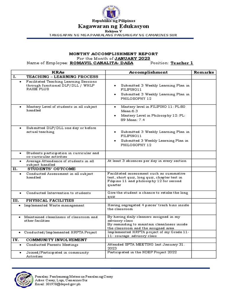 Accomplishment Report New For Teachers January 2023 - 071857 | PDF ...
