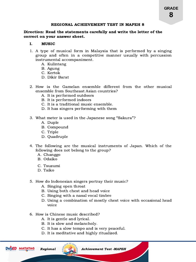 Rat Mapeh Grade 8 | PDF | Physical Fitness | Singing