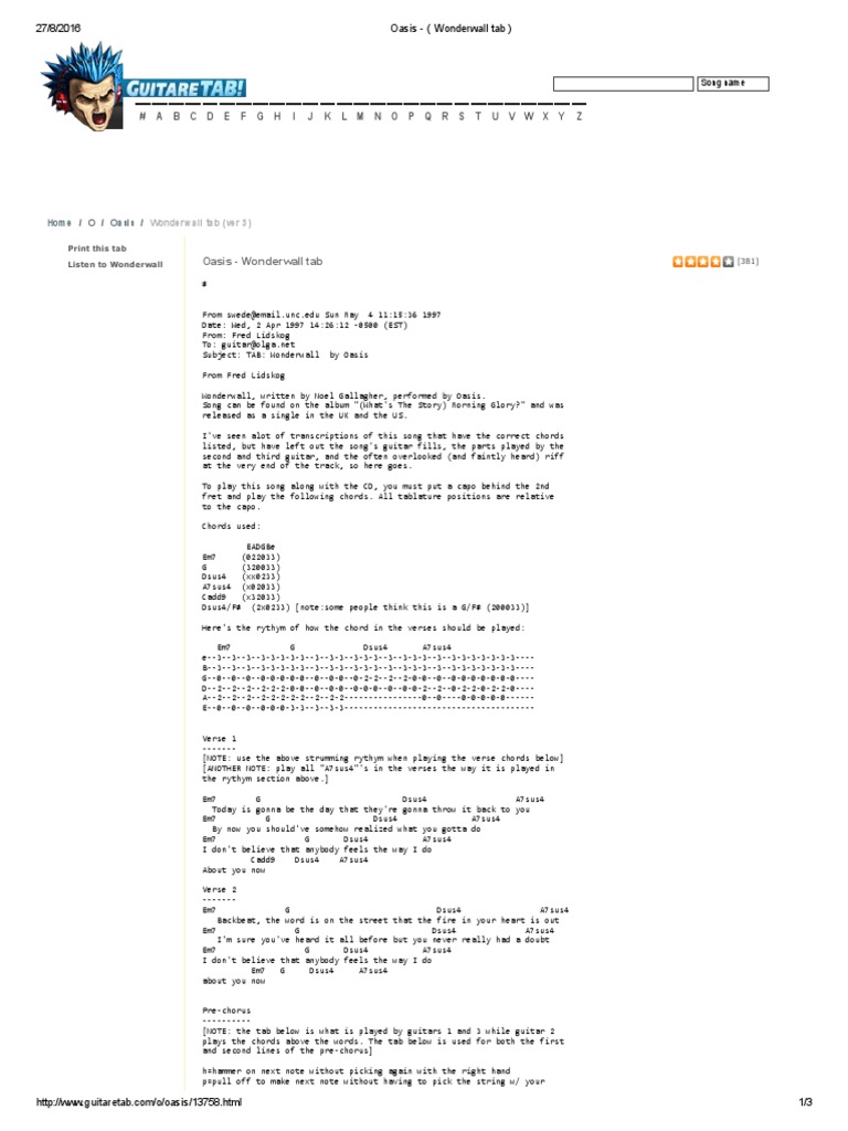 Oasis Wonderwall Tab Pdf Song Structure Songs