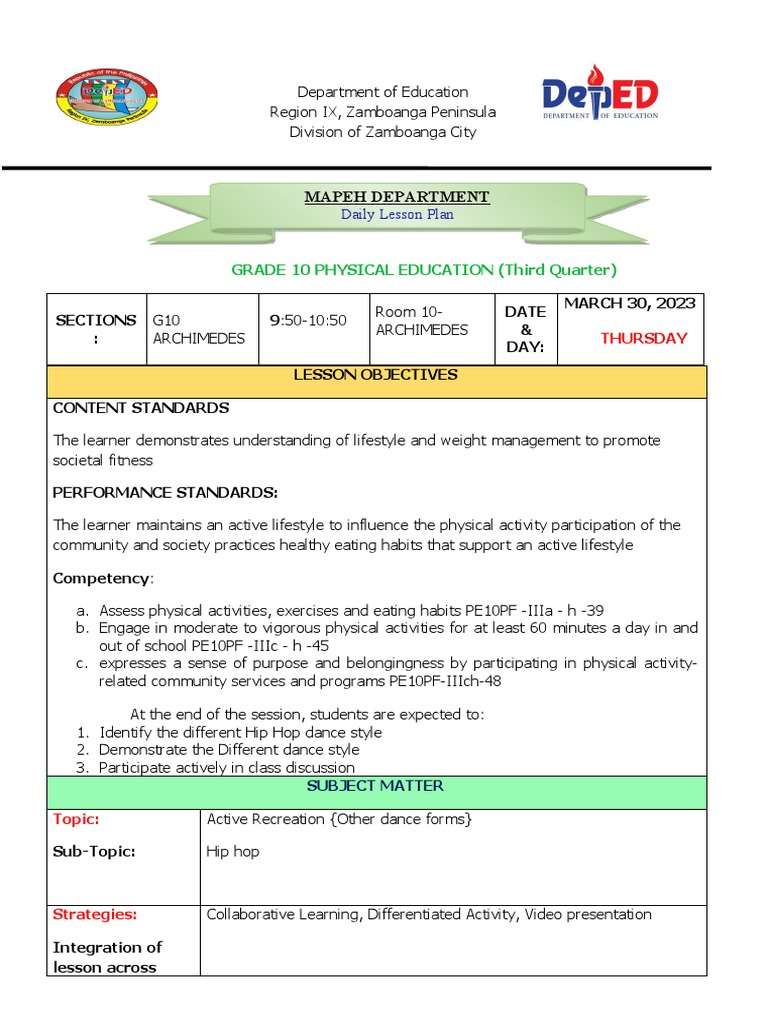 Grade 10 Hip Hop Dance Lesson Plan | PDF