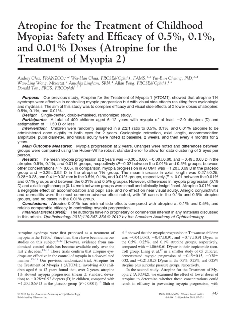 Atropine For The Treatment of Childhood Myopia: Safety and Efficacy of ...