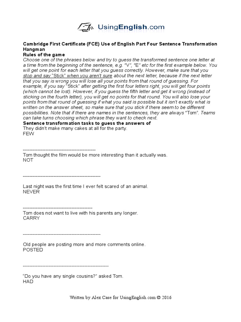 Cambridge First Certificate Fce Use of English Part 4 Sentence ...