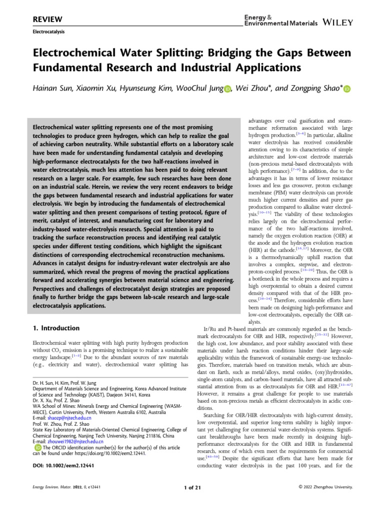 Electrochemical Water Splitting Bridging The Gaps Between Fundamental ...