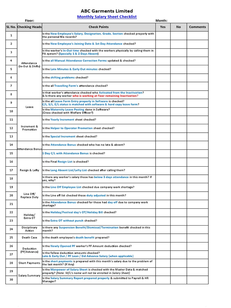 Monthly Salary Report Checklist | PDF | Payroll | Employment