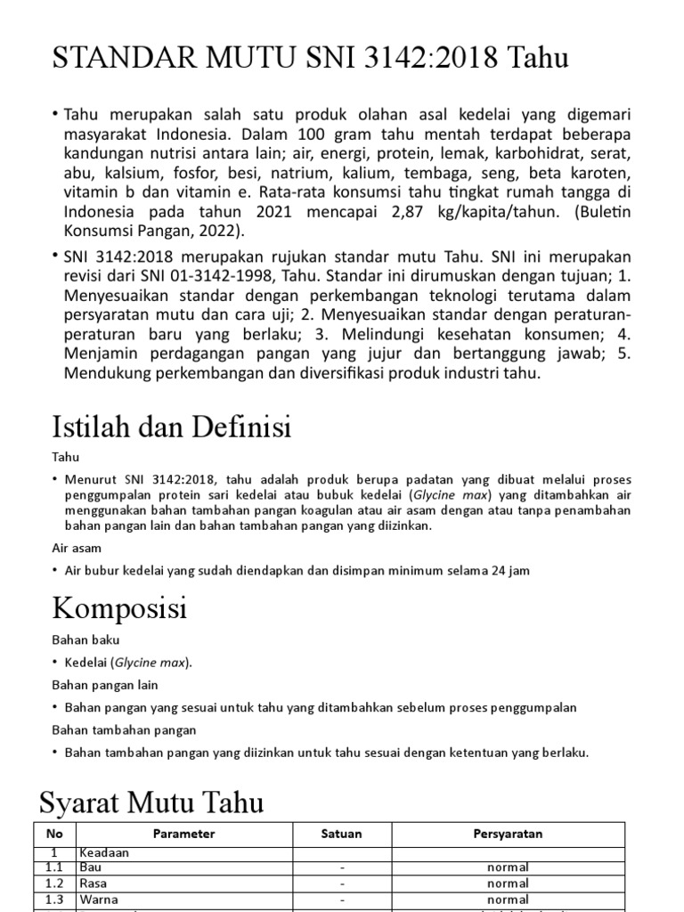 Standar Mutu SNI 3142:2018 Tahu | PDF