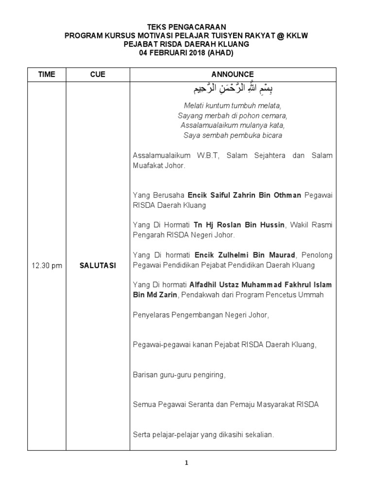 Teks Pengacara Majlis Program Gap Peringkat Risda Negeri Johor Tahun ... Teks Pengacara Majlis Program Gap Peringkat Risda Negeri Johor Tahun ...