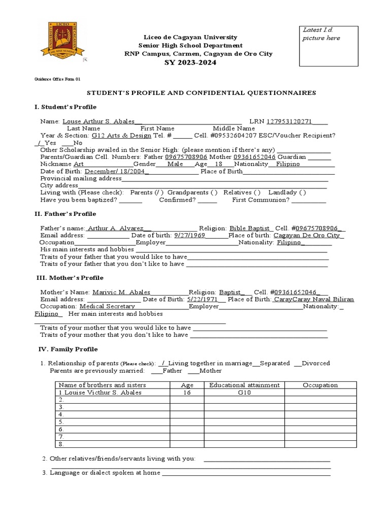 Louise Arthur Abales - SY 2023-2024 SHS RNP Guidance Office - Student's Profile and Confidential ...