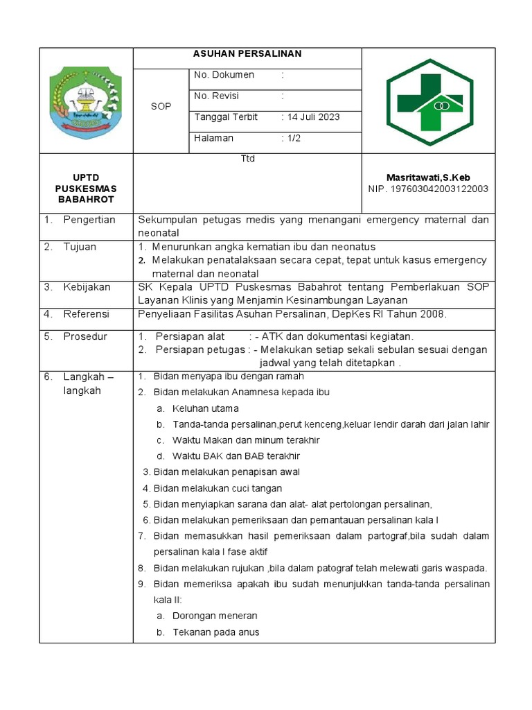 Format Sop Asuhan Persalinan | PDF