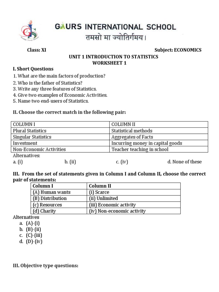 STATISTICS - UNIT - 1 - WORKSHEET Class 11 | PDF | Statistics | Data