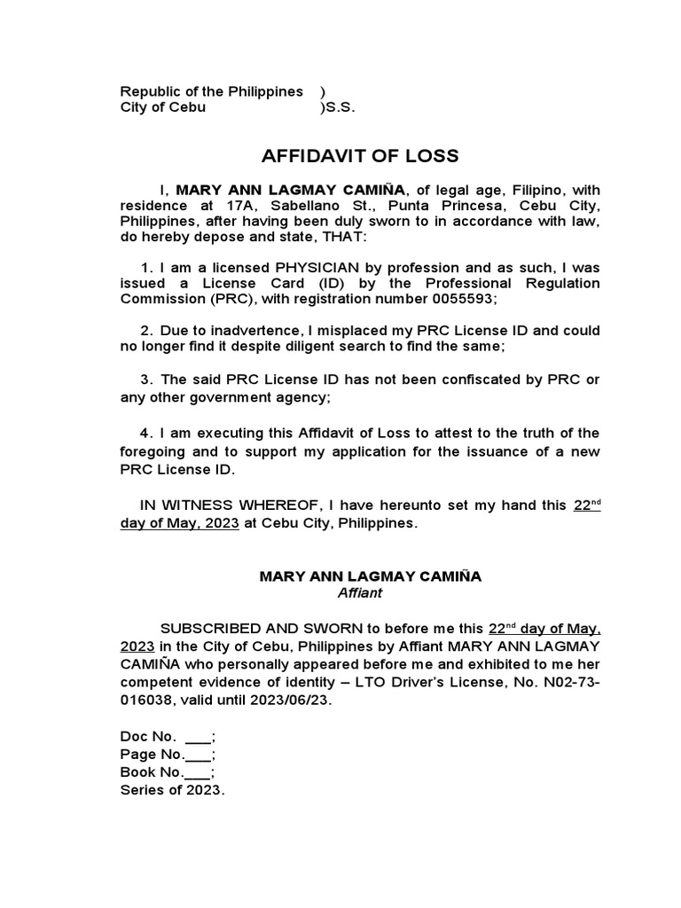 Affidavit of Loss - PRC ID, Doc Mary Ann Ricamora | PDF