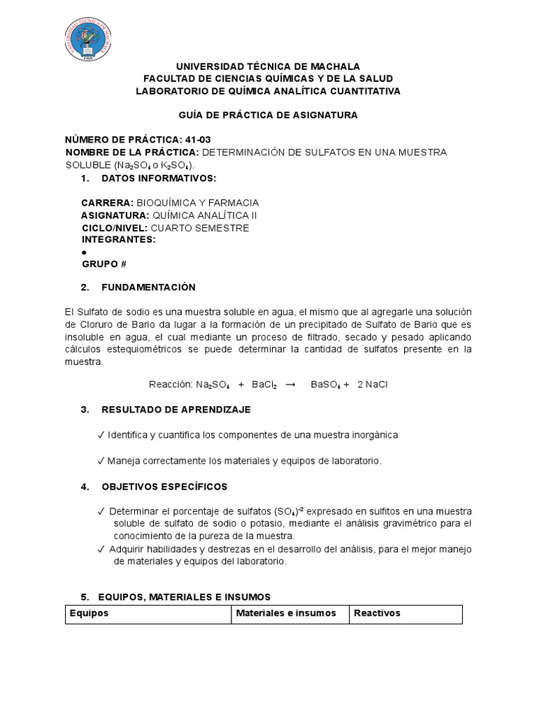 Pract. Laboratorio #3 Determinacion de Sulfatos Q.A - Documentos de Google | PDF | Precipitación ...