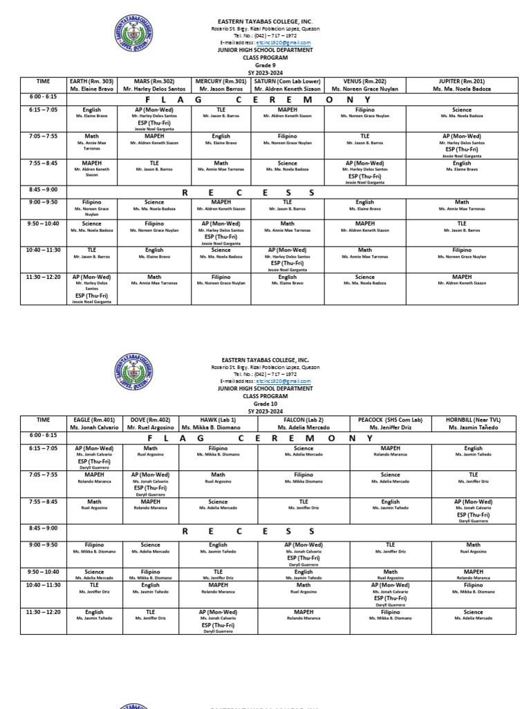 JHS Class Schedule 2023-2024 | PDF | Solar System