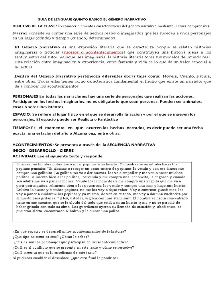GUIA DE LENGUAJE QUINTO BASICO EL GÉNERO NARRATIVO | PDF | Narración