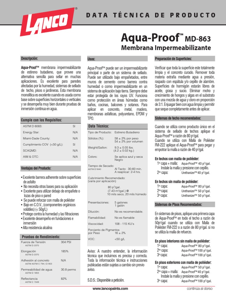 Ficha Técnica Lanco Aqua-Proof-MD863-TDS-ESP | PDF | Hormigón | Agua