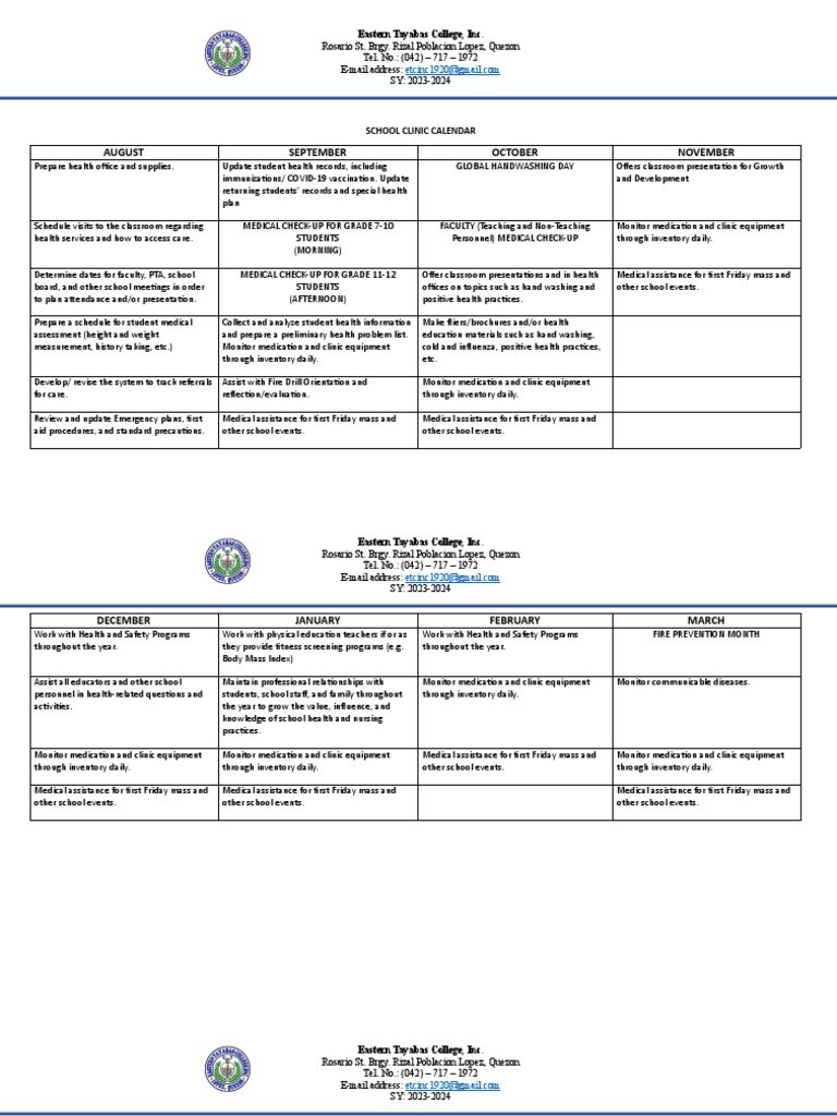 SCHOOL CLINIC CALENDAR | PDF