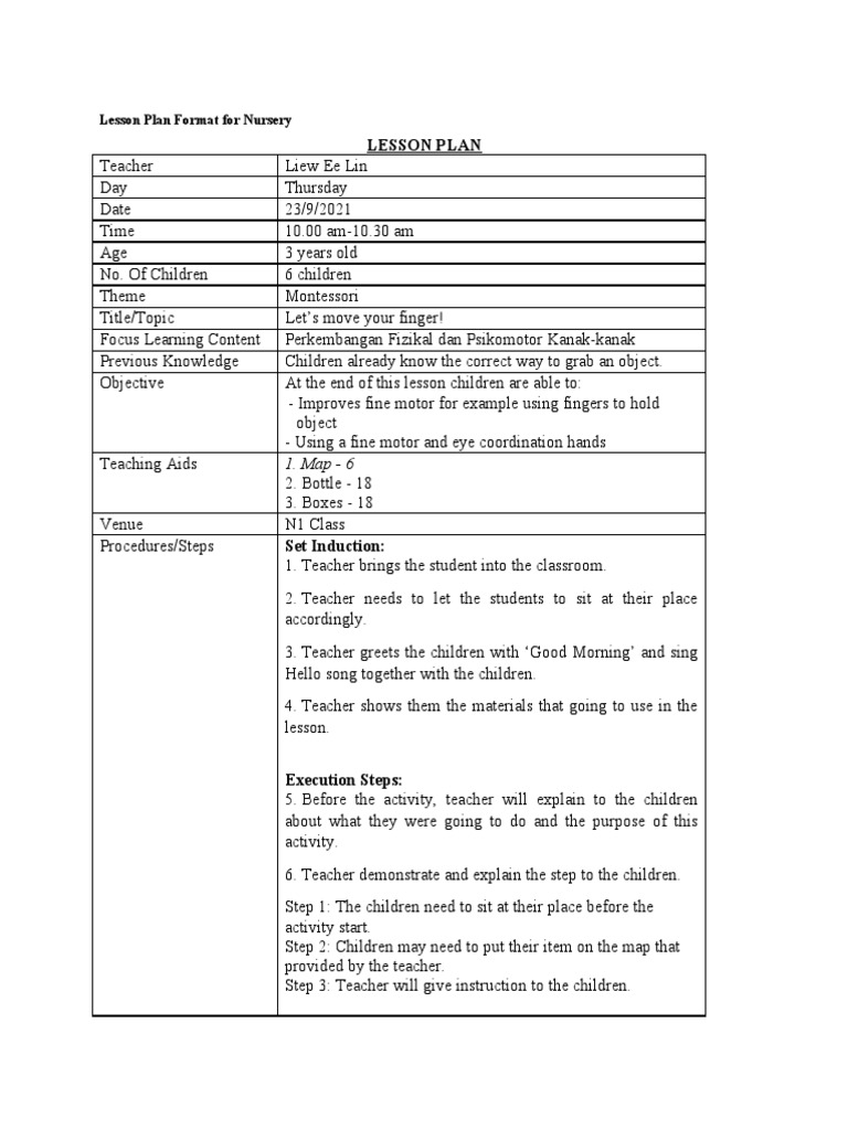 Lesson Plan Montessori | PDF