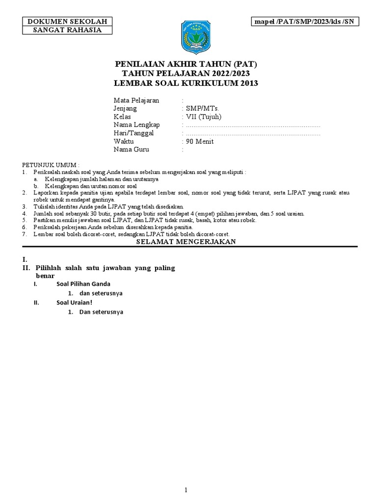 Kop Soal Smp Pat 2023 | PDF