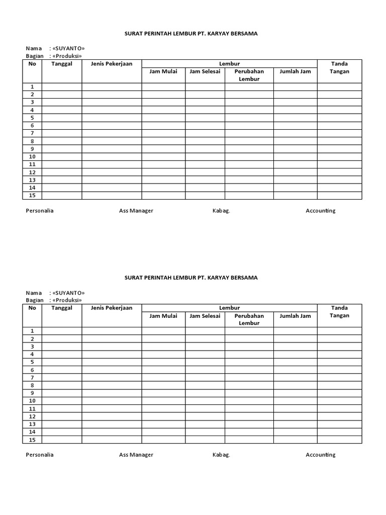 Contoh Surat Perintah Lembur PT | PDF