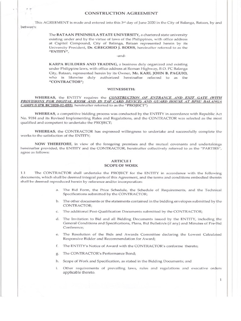 Construction Agreement Bataan Peninsula State University and Karpa ...