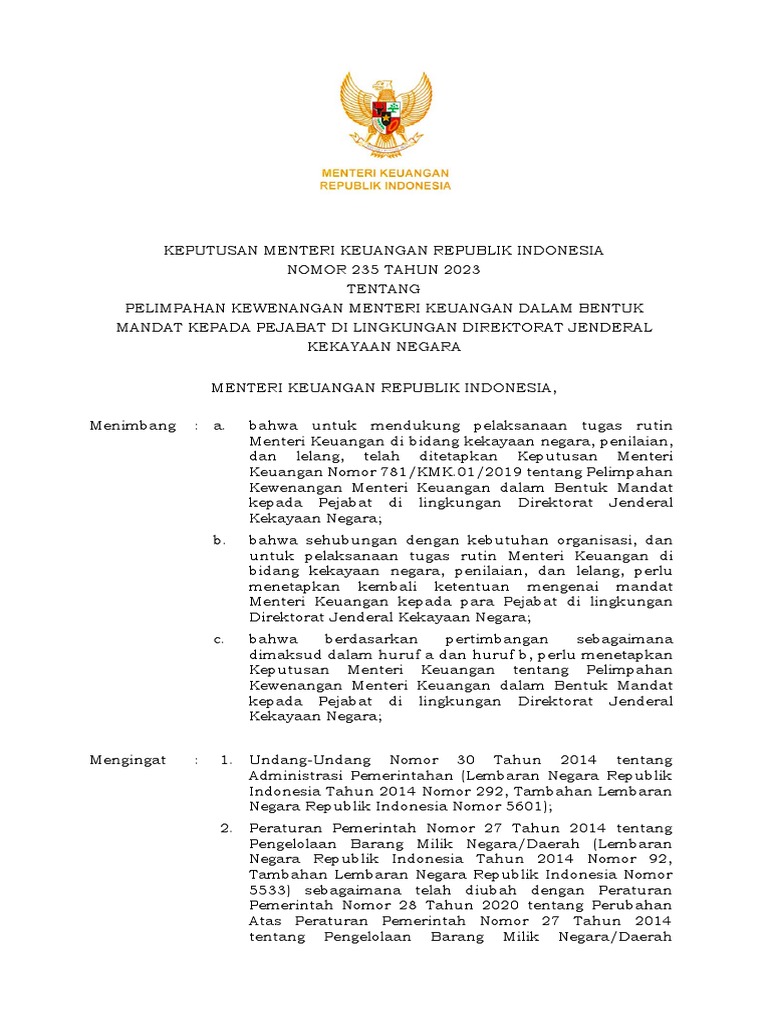 KMK 235 Tahun 2023 Pelimpahan Kewenangan Revisi 781 | PDF | Pengelolaan Keuangan & Uang