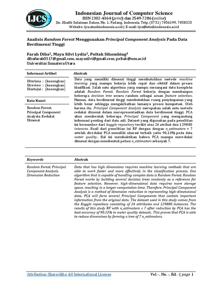 Analisis Random Forest Menggunakan Principal Component Analysis Pada Data Berdimensi Tinggi | PDF