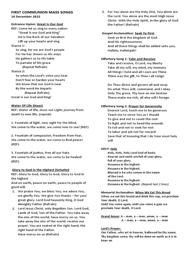 First Communion Songs Revised Pdf