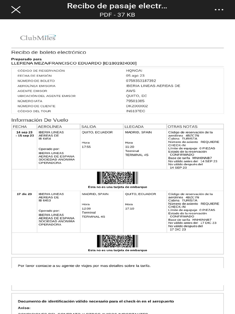 Recibo de Boleto Electrónico Iberia | PDF | Compañías de transporte | Aviación Civil