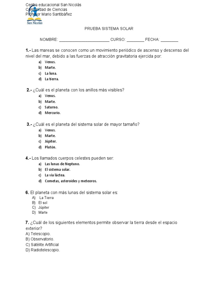 Prueba PIE Sistema Solar | PDF | Ciencia y matemáticas