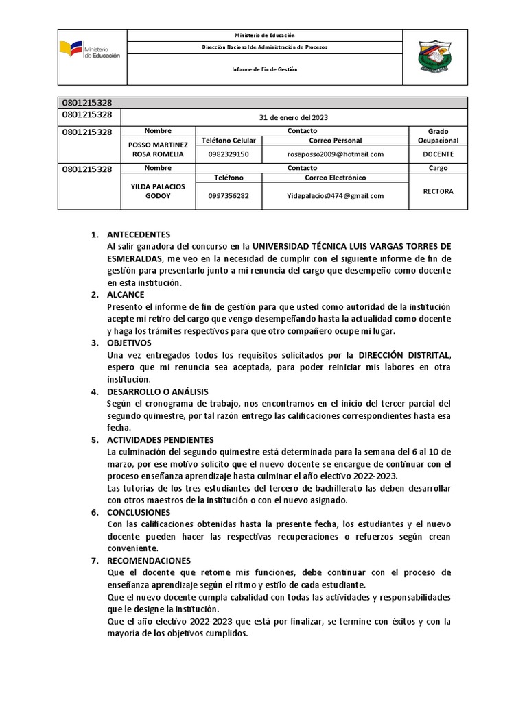 Informe Fin de Gestión Uef 21 Kary Posso Martinez Rosa Romelia | PDF