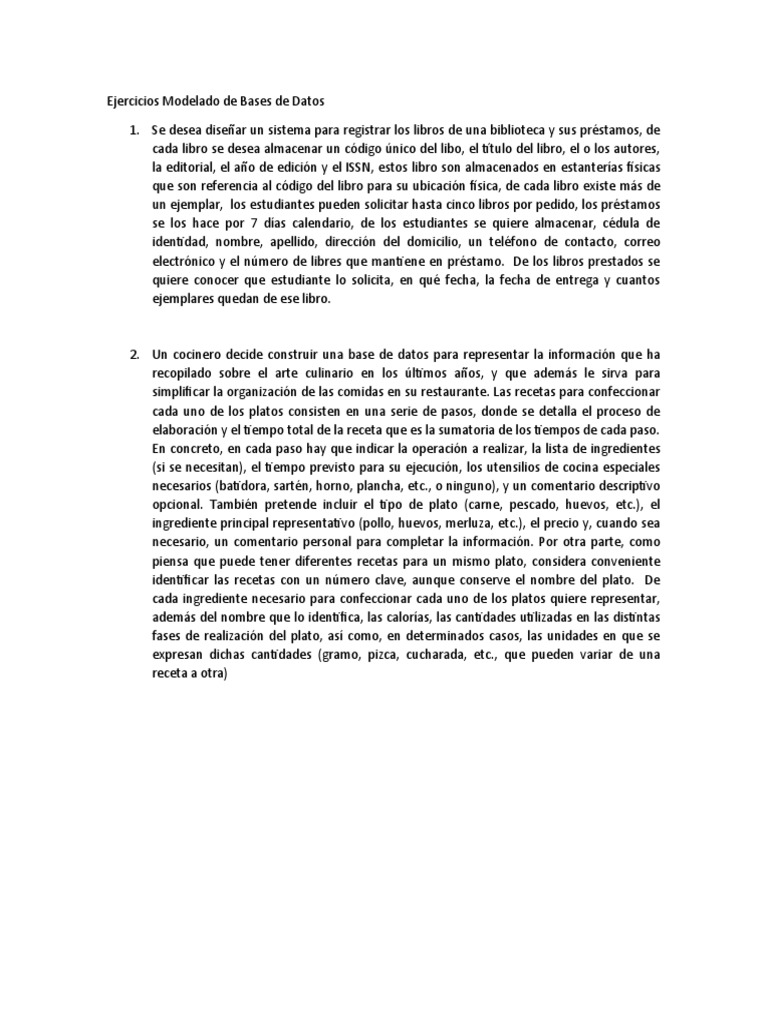 Ejercicios Modelado de Bases de Datos | PDF Ejercicios Modelado de Bases de Datos | PDF