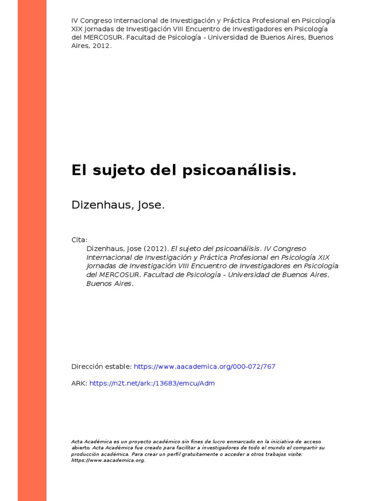 Dizenhaus, Jose (2012) - El Sujeto Del Psicoanálisis | PDF | Jacques Lacan | Psicoanálisis