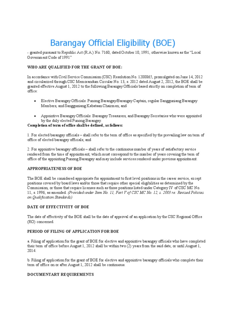 Barangay Official Eligibility List of Requirements | PDF