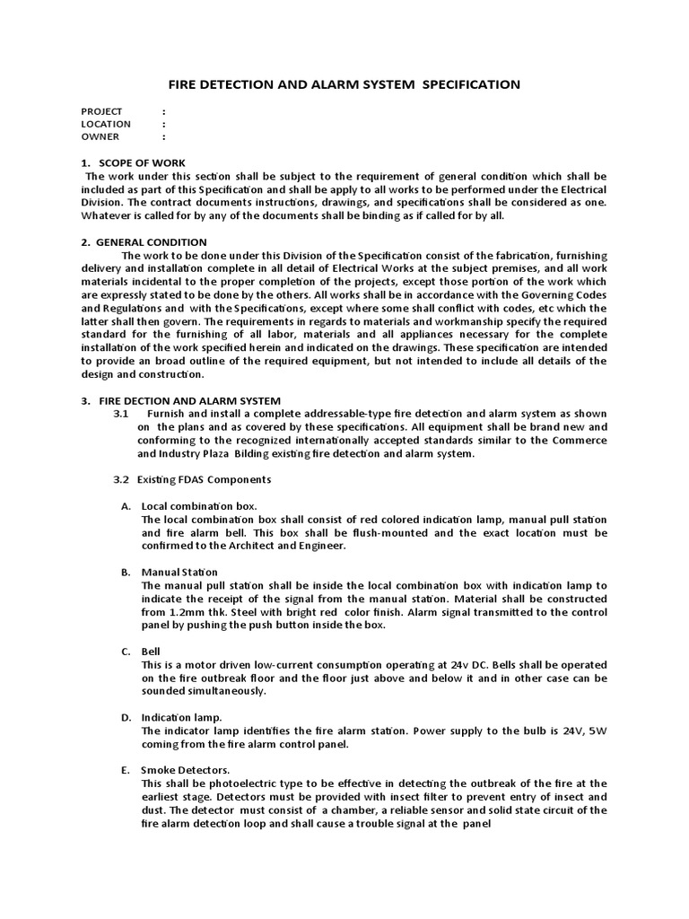 Fire Detection And Alarm System Specification Pdf
