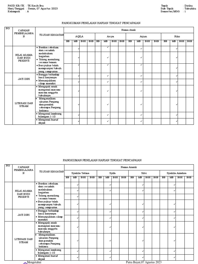 Penilaian Harian TK Kasih Ibu | PDF